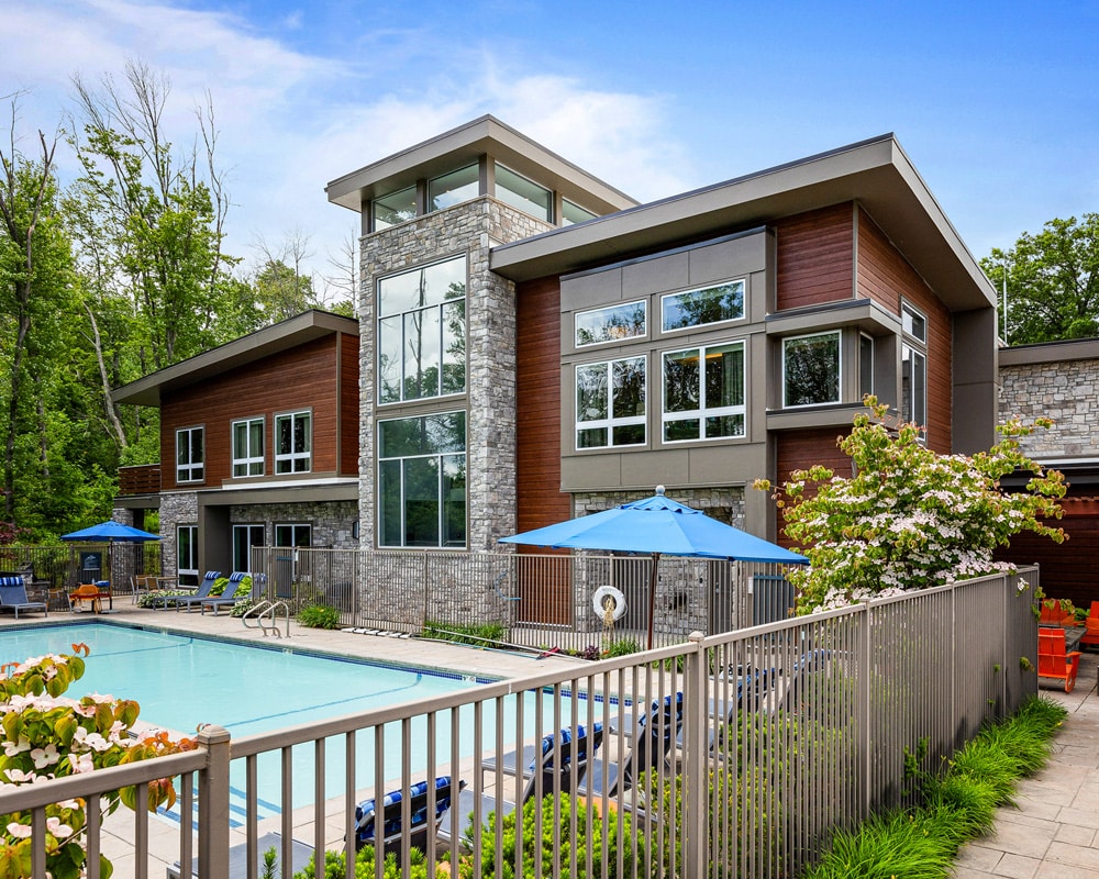 A very private luxury apartment clubhouse and pool